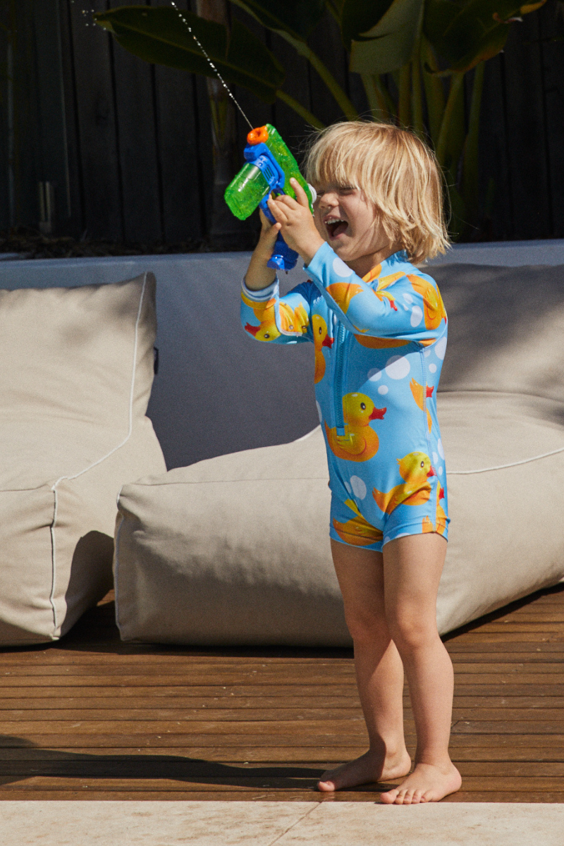 Long Sleeve Kids Onesie in Rubber Ducks UPF 50+